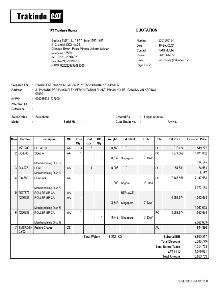 PT Trakindo Utama: Quotation | PDF