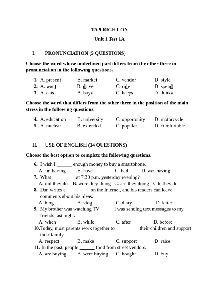 Right On 9 Unit 1 Test A | PDF