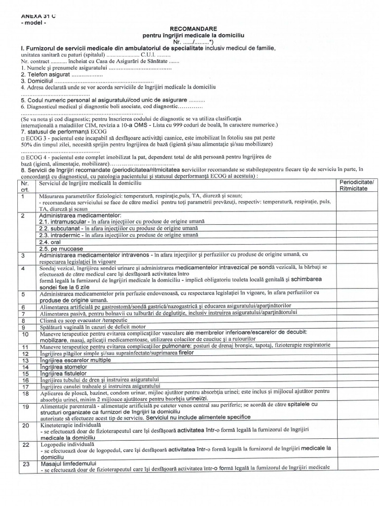 Anexa 31C Recomandare Ingrijiri Medicale Domiciliu - Valabila Cu 1 Iul 2023 | PDF