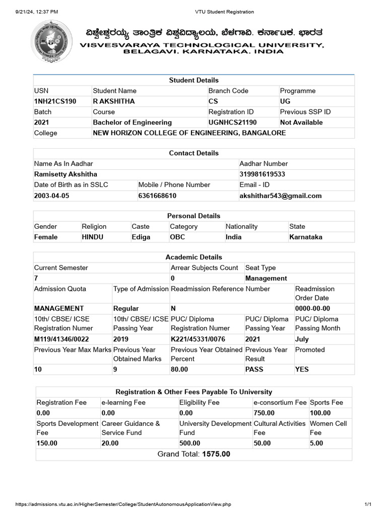 VTU Student Registration | PDF