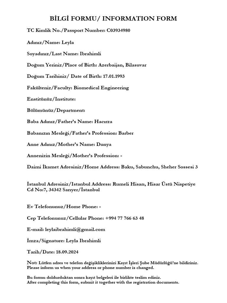 Bilgi Formu Tur | PDF