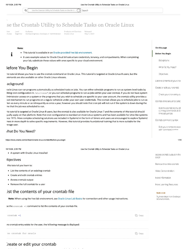 Use The Crontab Utility To Schedule Tasks On Oracle Linux | PDF