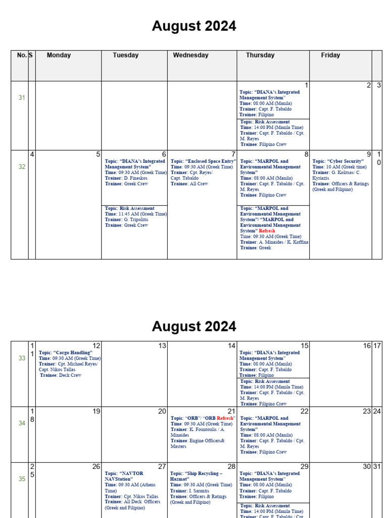 Training Schedule August 2024 | PDF