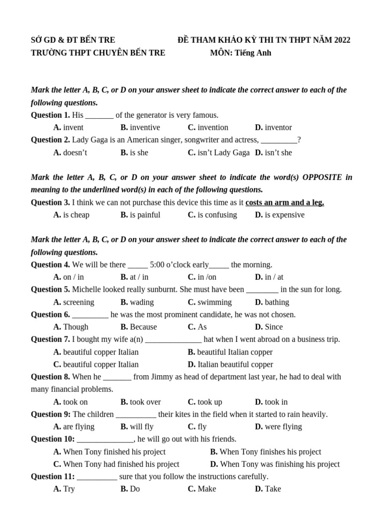 ĐỀ THAM KHẢO THI TN THPT TRƯỜNG CHUYÊN BẾN TRE | PDF