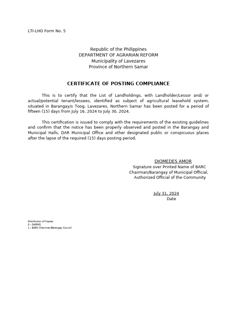 LTI-LHO Form No. 5 | PDF