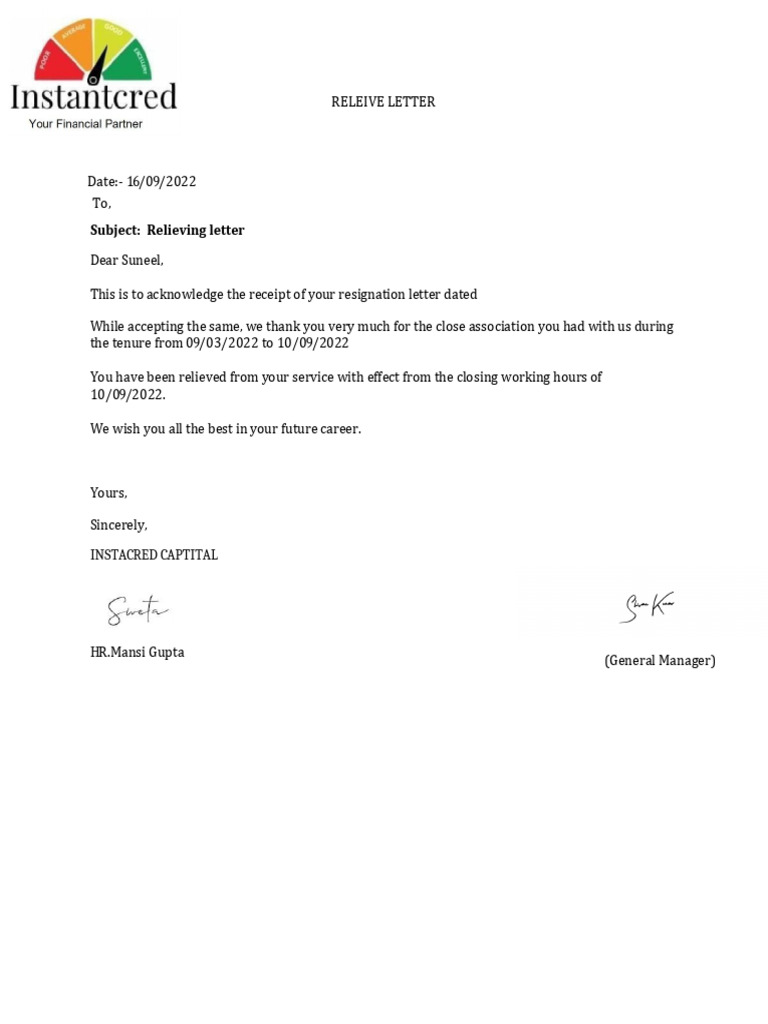Subject: Relieving Letter: Suneel Kumar | PDF