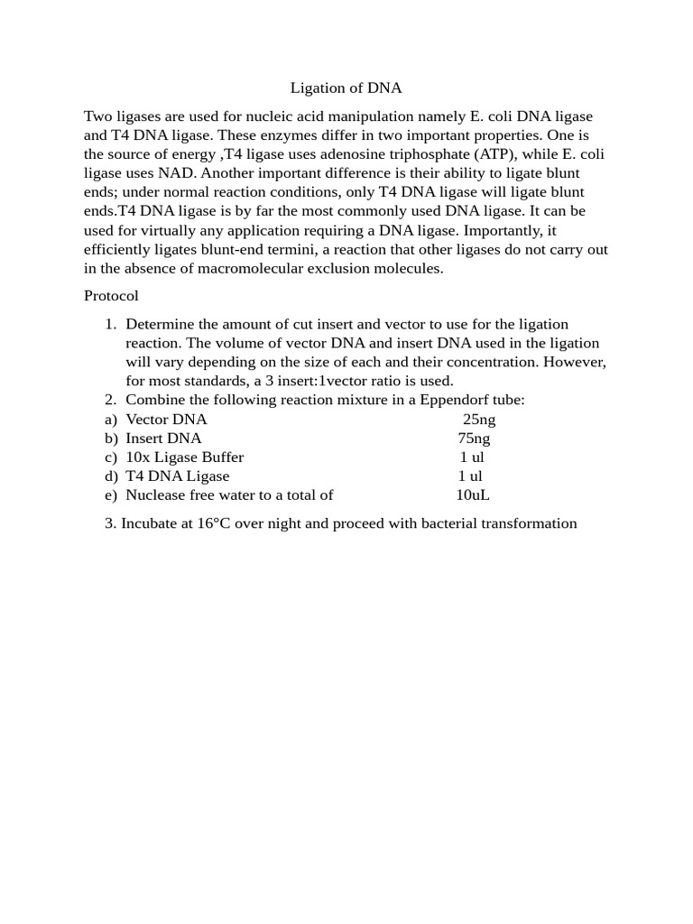 Ligation of DNA | PDF