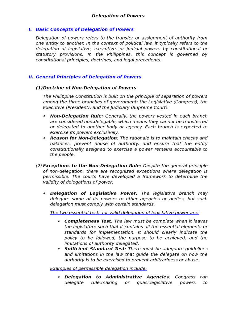 Basic Concepts of Delegation of Powers | PDF | Separation Of Powers | Politics