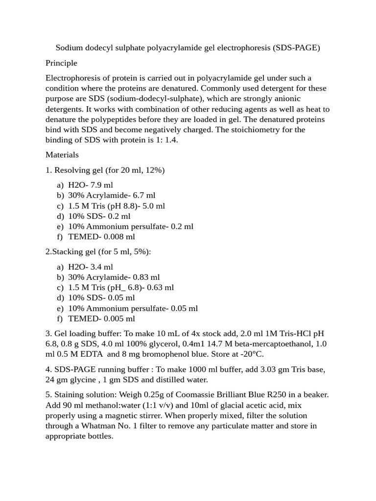Sodium Dodecyl Sulphate Polyacrylamide Gel Electrophoresis | PDF