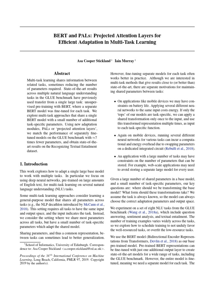 BERT and PALs - Projected Attention Layers For Efficient Adaptation in Multi-Task Learning | PDF