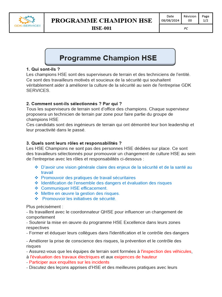 Programme Champion HSE | PDF