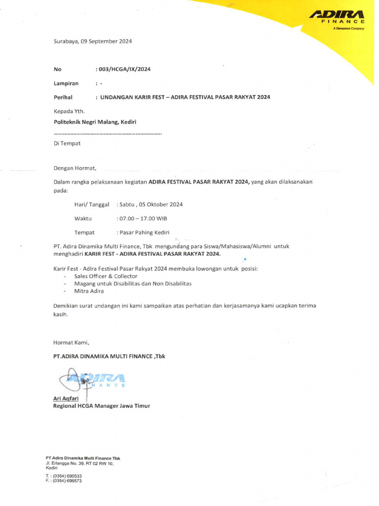 Disposisi Surat PT Adira Dinamika | PDF