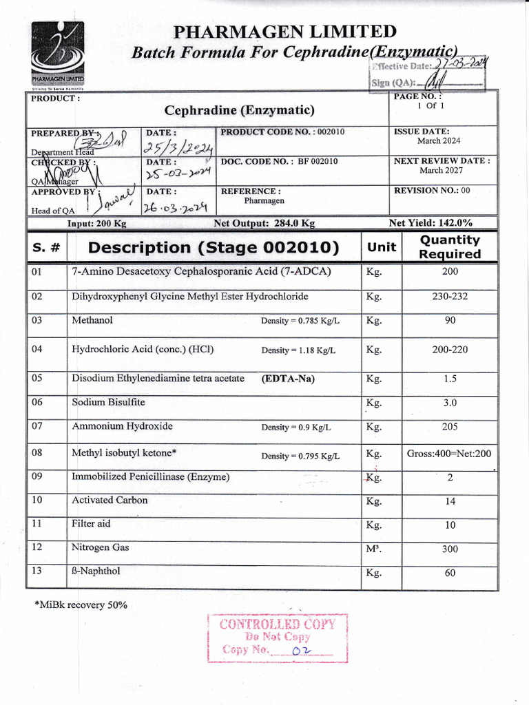 Batch Fomula & Process Flow of Cephradine Enzymatic | PDF