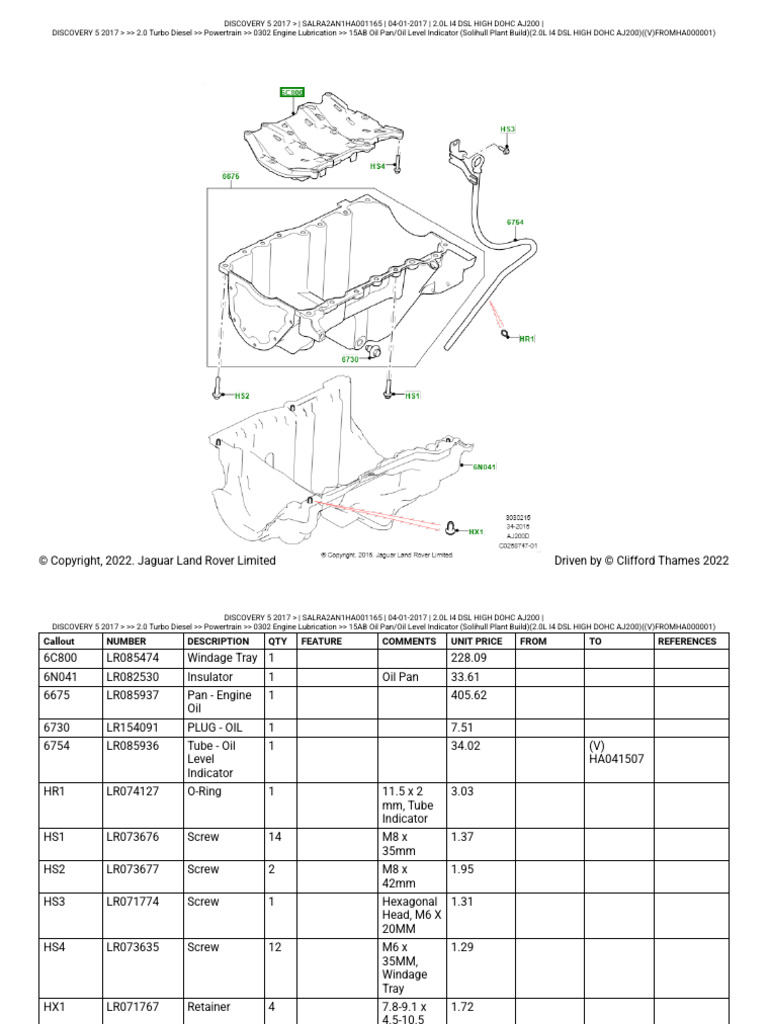 DISCOVERY 5 2017 15AB Oil PanOil Level Indicator (Solihull Plant Build ...