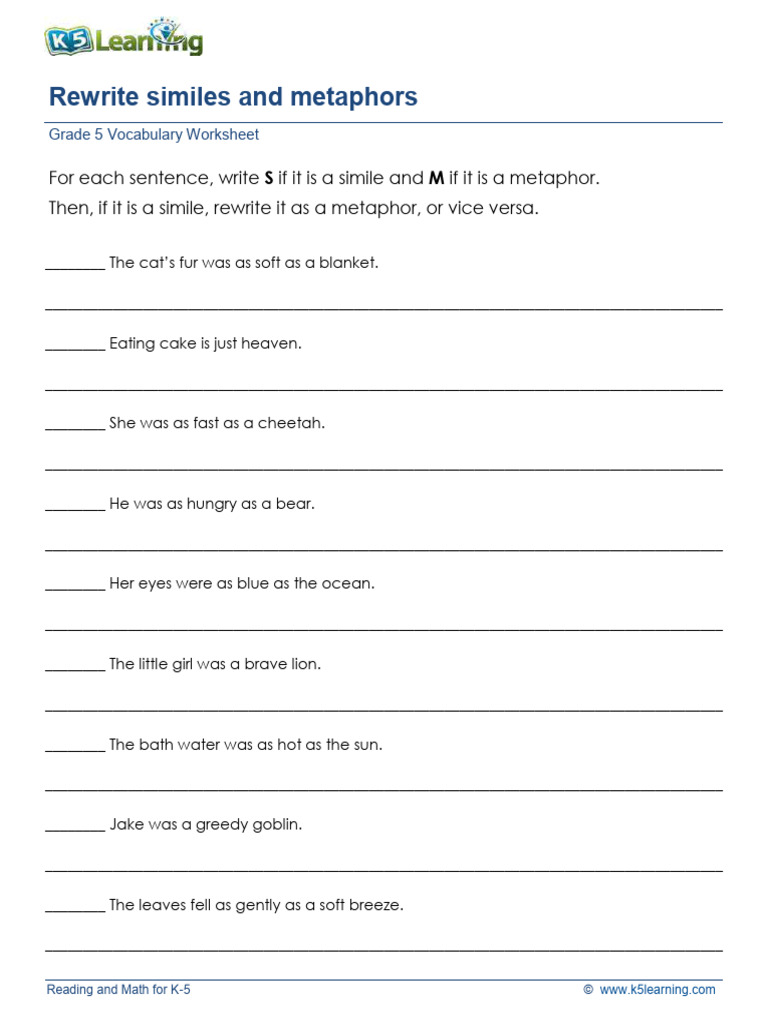 Grade 5 Simile and Metaphor Worksheet | PDF