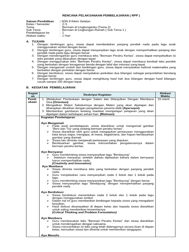 RPP 1 Lembar Kelas 2 Tema 2 Ririn | PDF