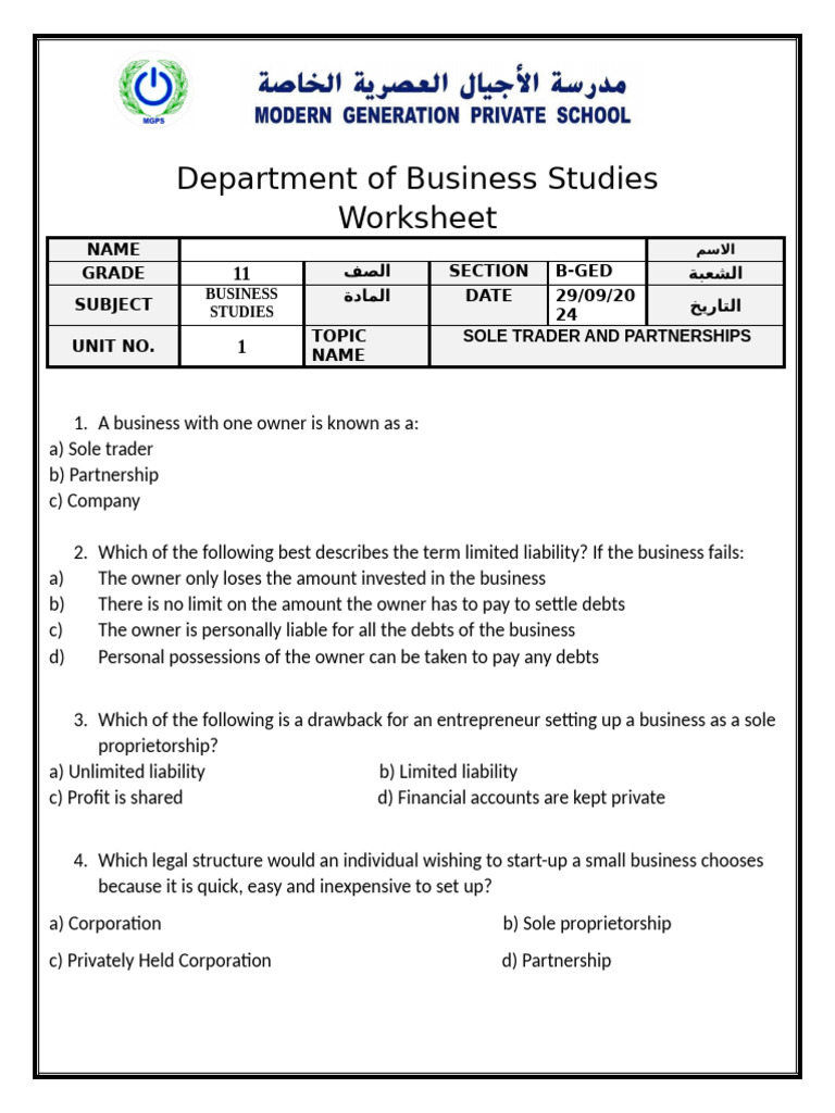 Sole Trader and Partnerships Worksheet | PDF