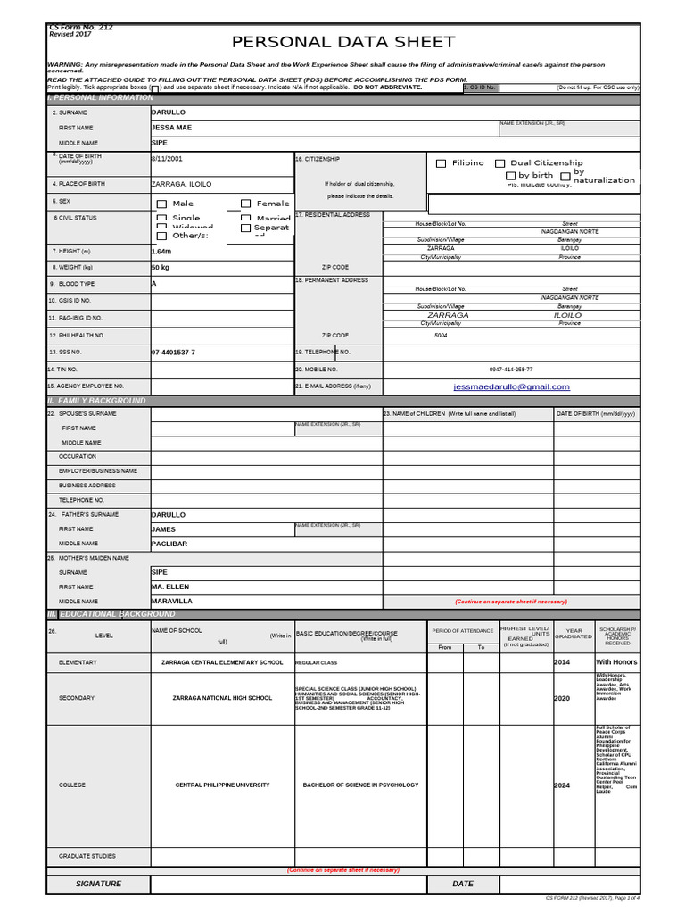 CS Form No. 212 Personal Data Sheet Revised | PDF