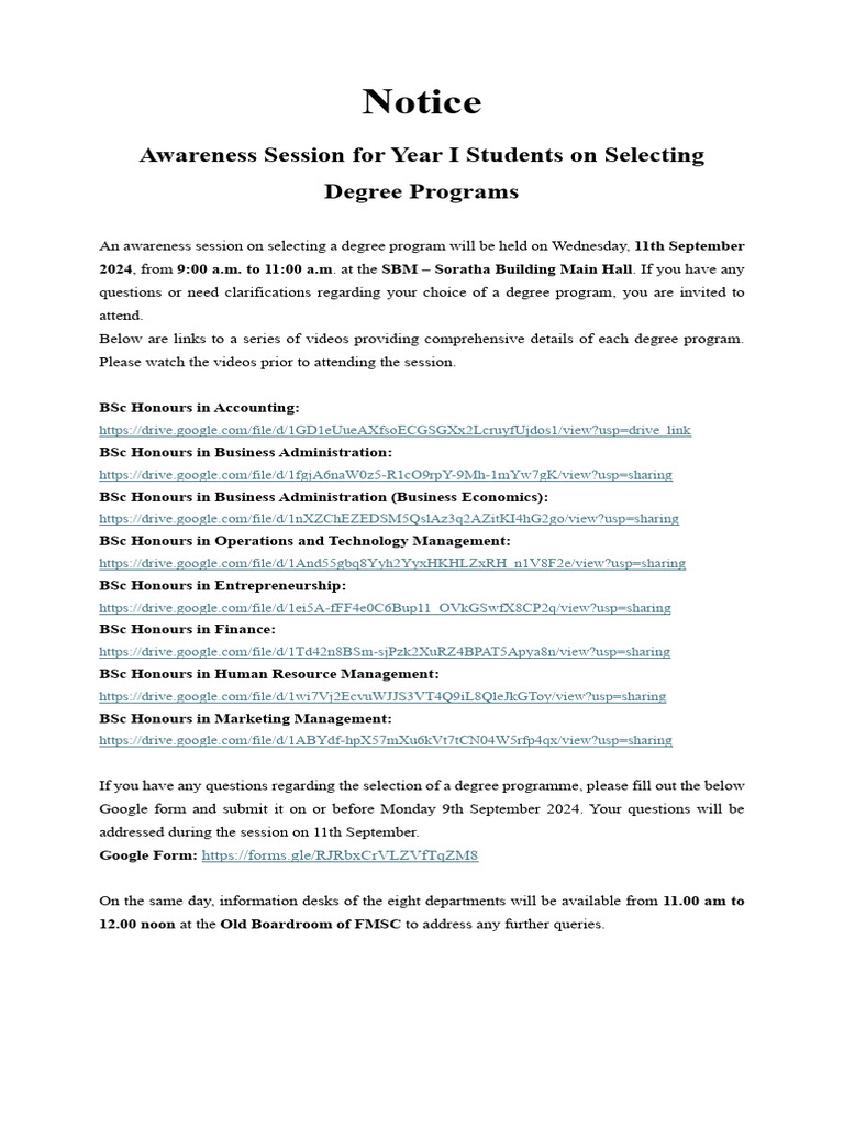 Selecting Degree Programs -Notice to Students | PDF