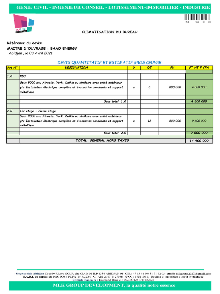 Devis Quantitatif Et Estimatif Gros Œuvre: Abidjan, Le 03 Avril 2021 | PDF
