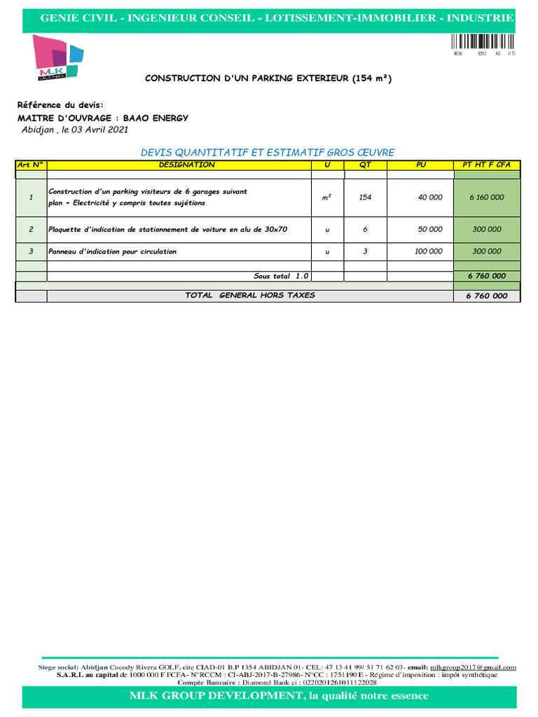 Devis Quantitatif Et Estimatif Gros Œuvre: Abidjan, Le 03 Avril 2021 | PDF