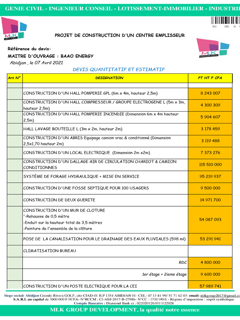 Devis Quantitatif Et Estimatif: Abidjan, Le 07 Avril 2021 | PDF