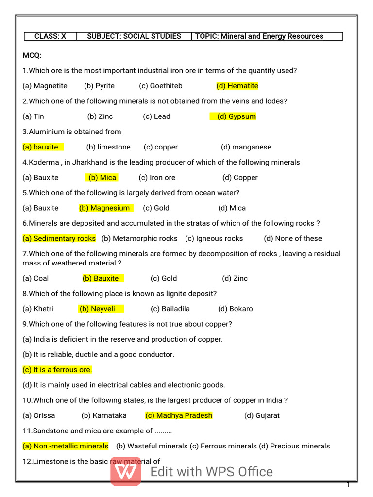 Class 10 Geography Minerals and Energy Resources | PDF