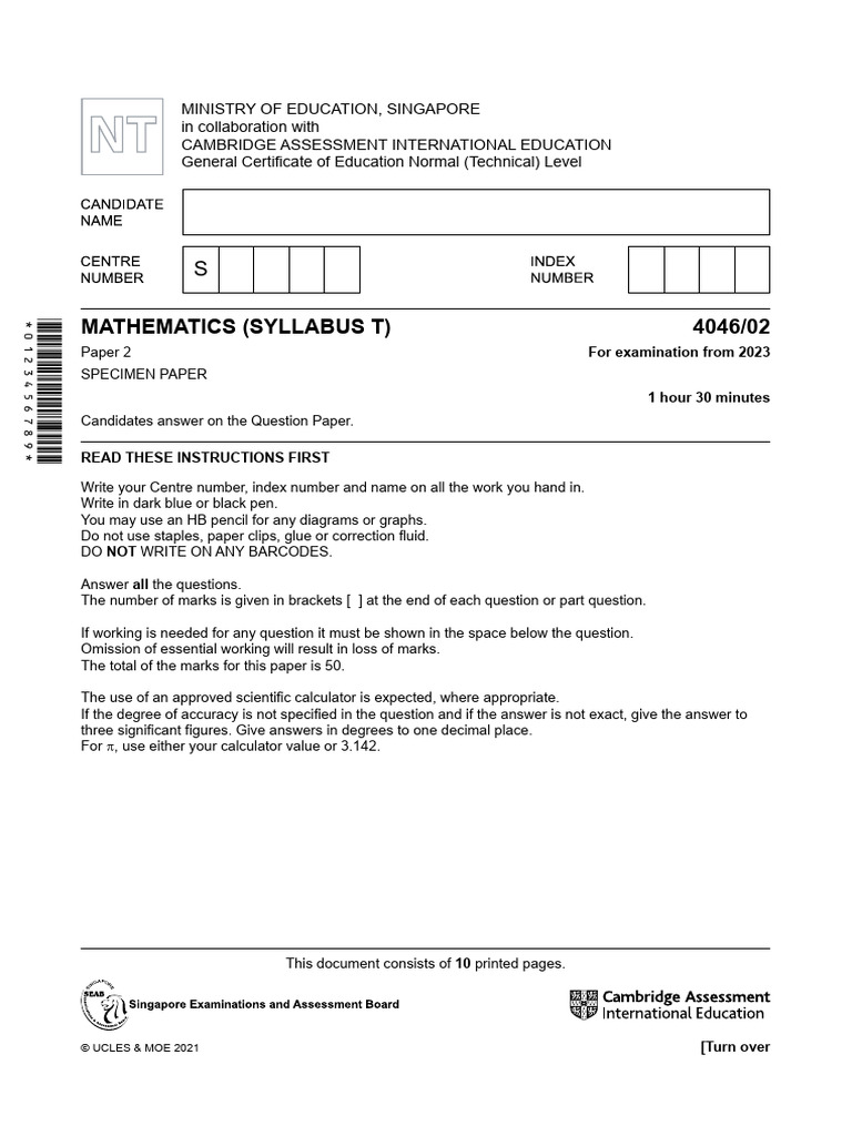 Mathematics (Syllabus T) 4046/02: General Certificate of Education ...