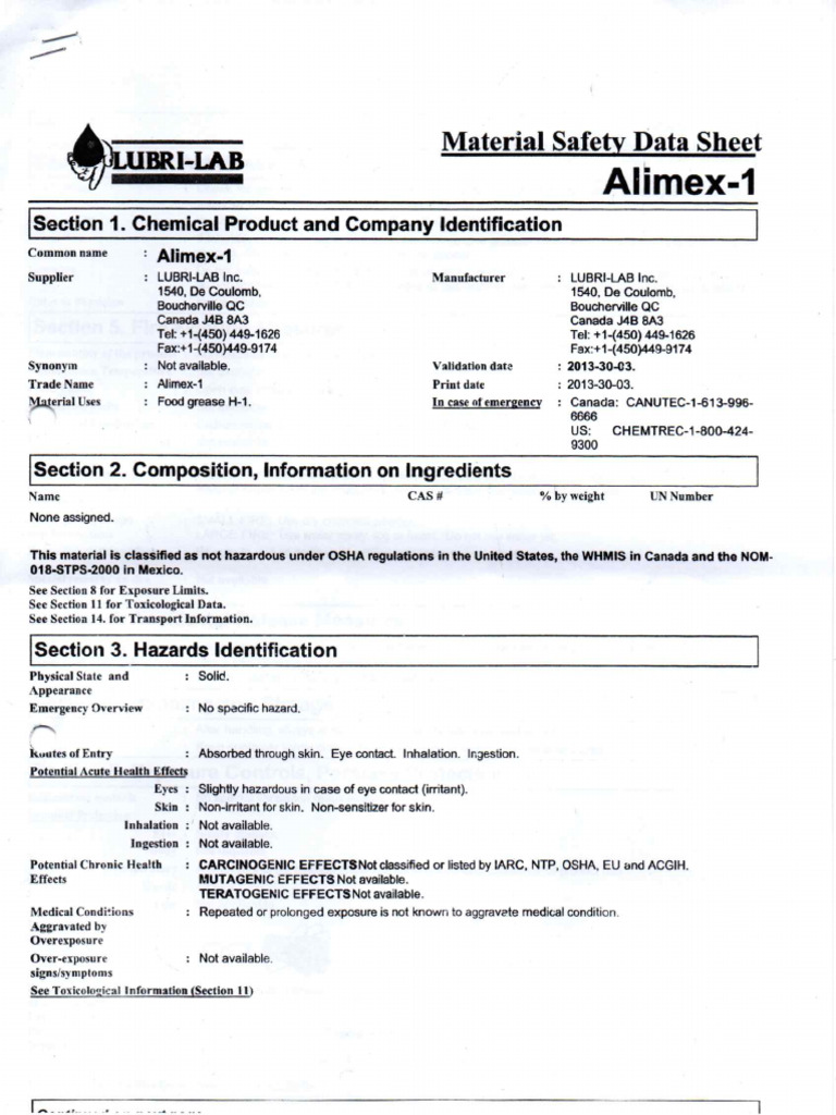 Grease Food Grade (MSDS) - Alimex | PDF