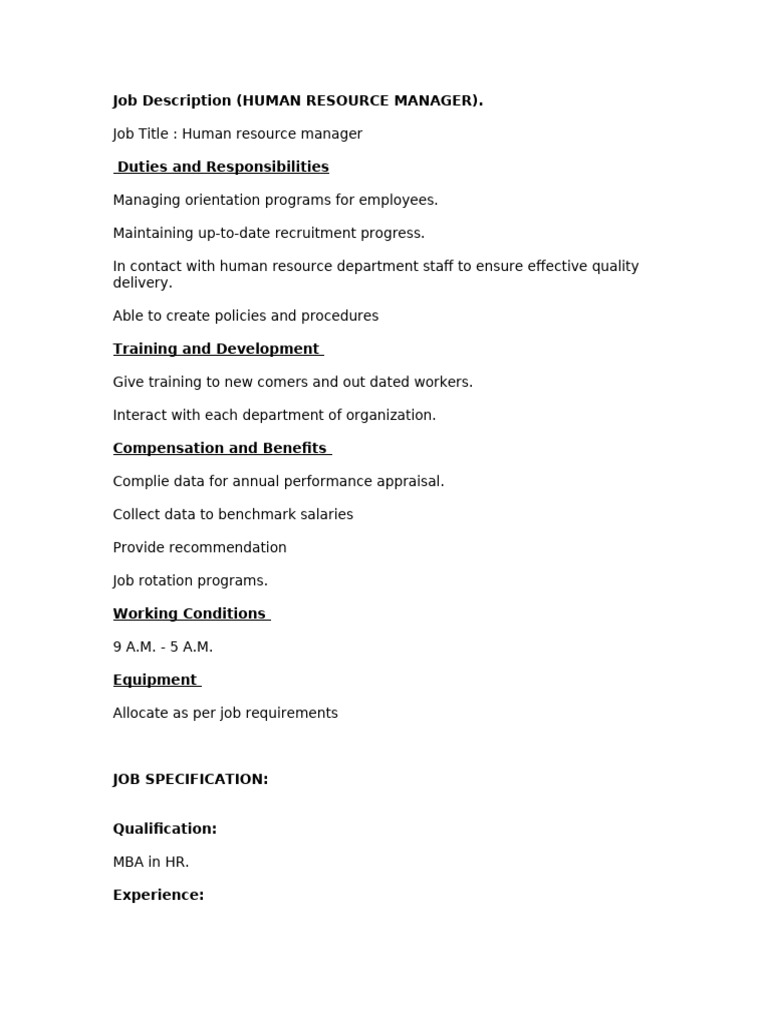 Job Description (HUMAN RESOURCE MANAGER) | PDF