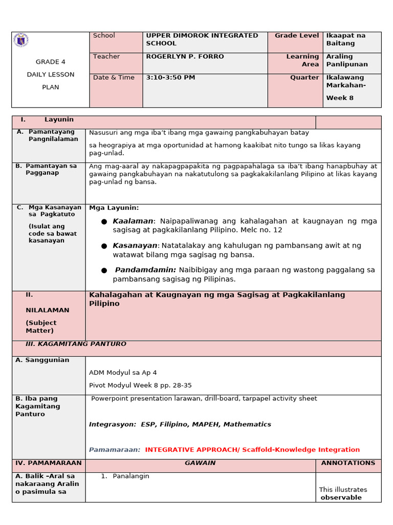 Lesson Plan AP4 Q2 W8 | PDF | Learning | Teachers