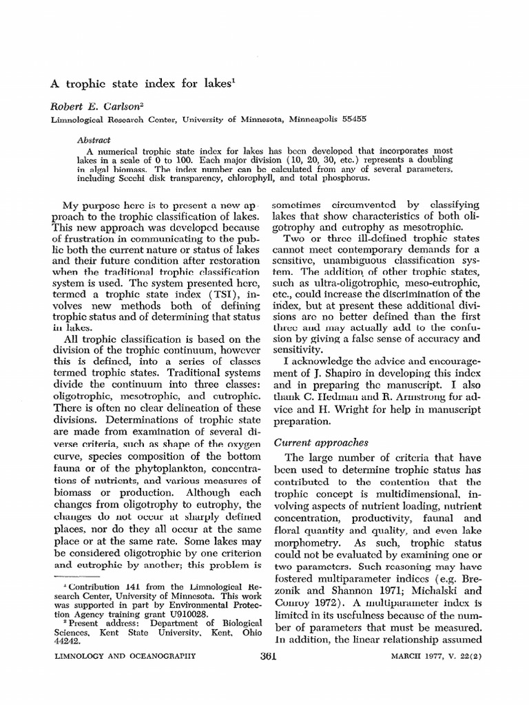Trophic State Index Modelling For Lakes | PDF