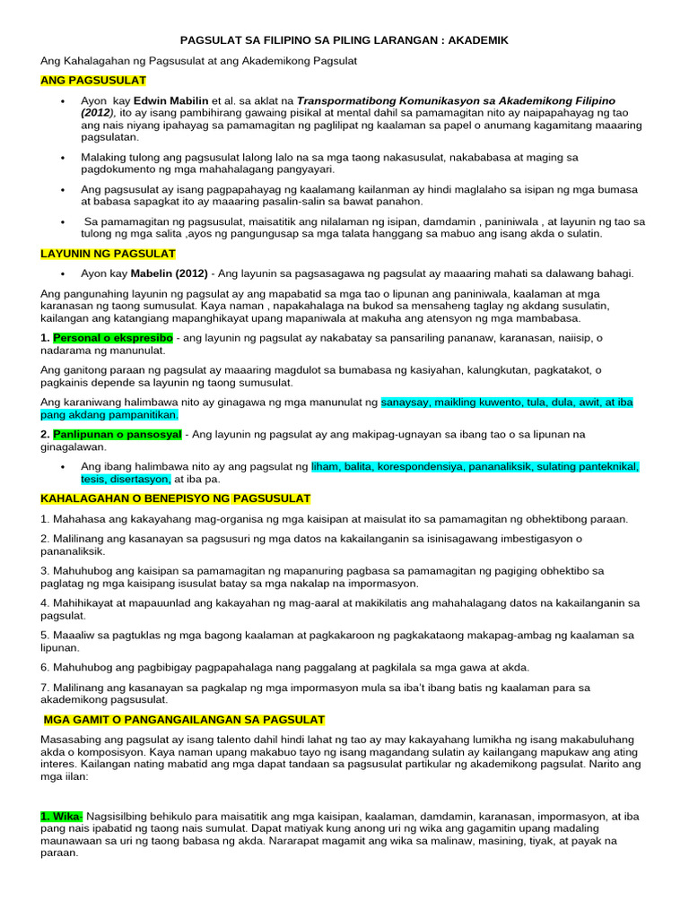 PAGSULAT SA FILIPINO SA PILING LARANGAN Reviewer | PDF