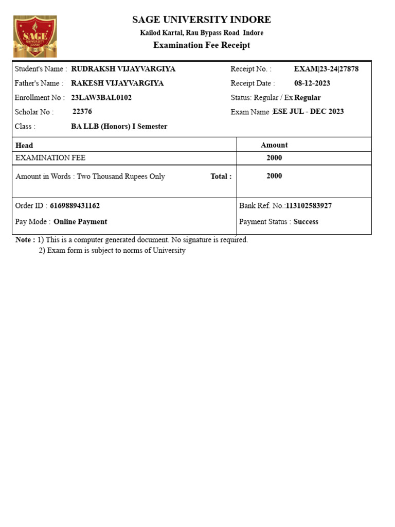 Sage University Indore: Examination Fee Receipt | PDF