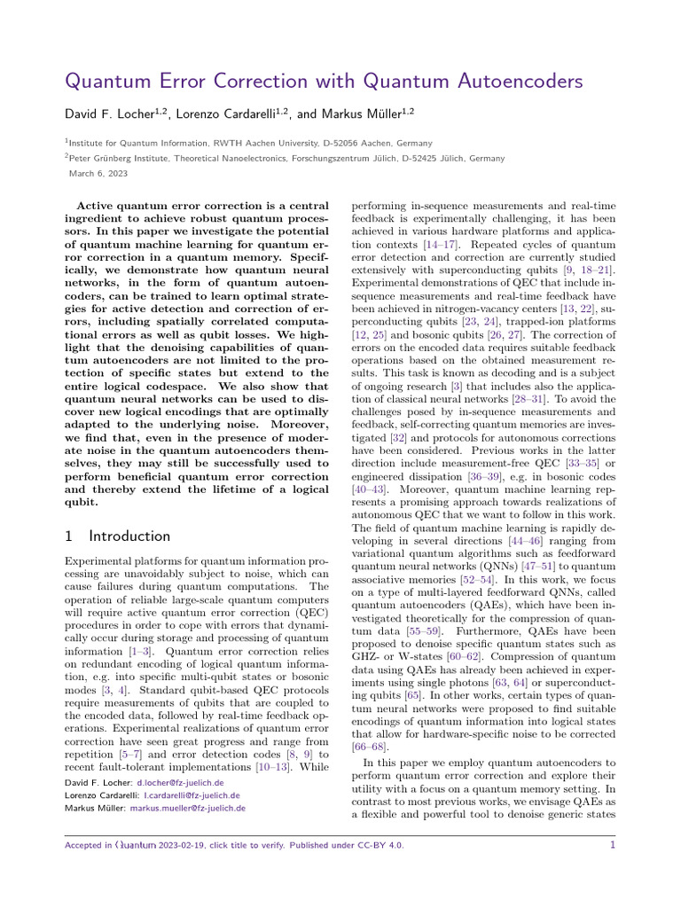 Quantum Error Correction With Quantum Autoencoders | PDF