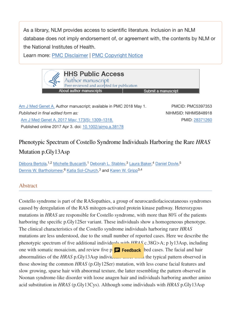 Phenotypic Spectrum of Costello Syndrome Individuals Harboring The Rare HRAS Mut | PDF ...