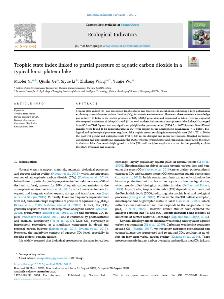 Trophic State Index Linked To Partial Pressure of Aquatic Carbon ...