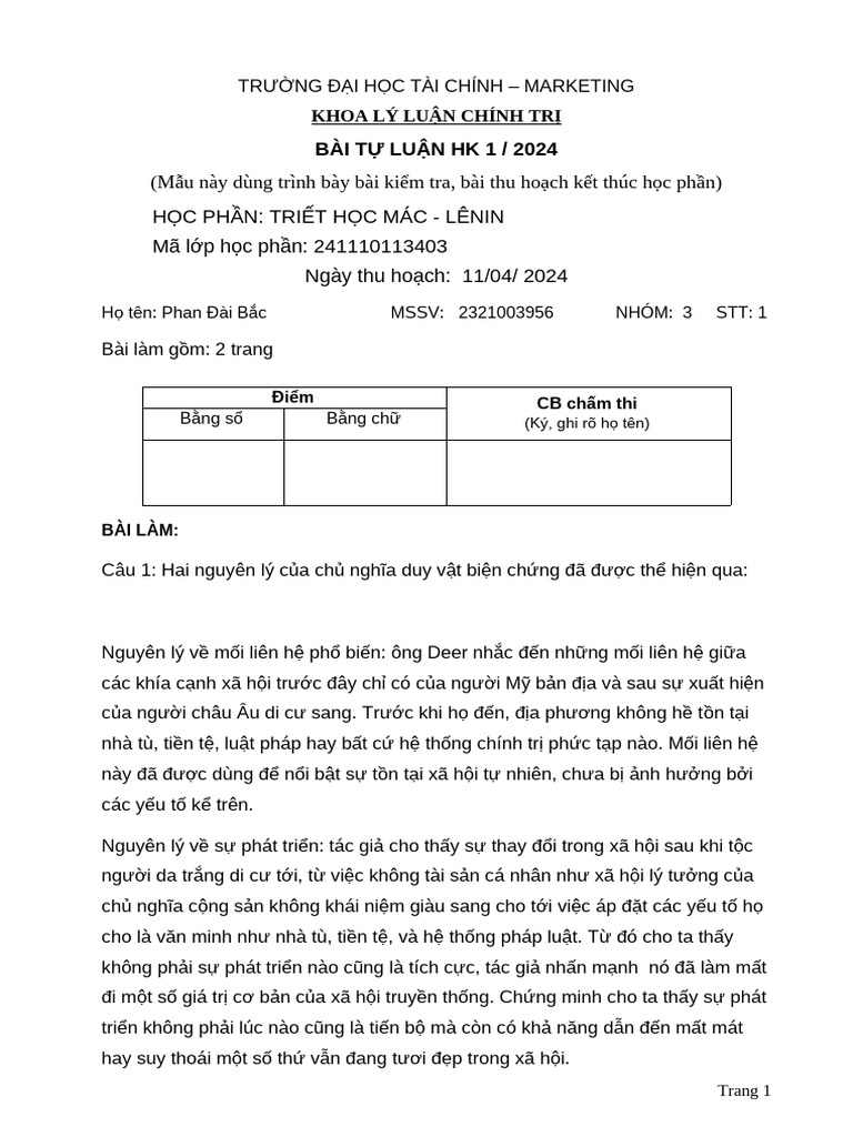 Mau Phieu Lam Bai Thu Hoach | PDF