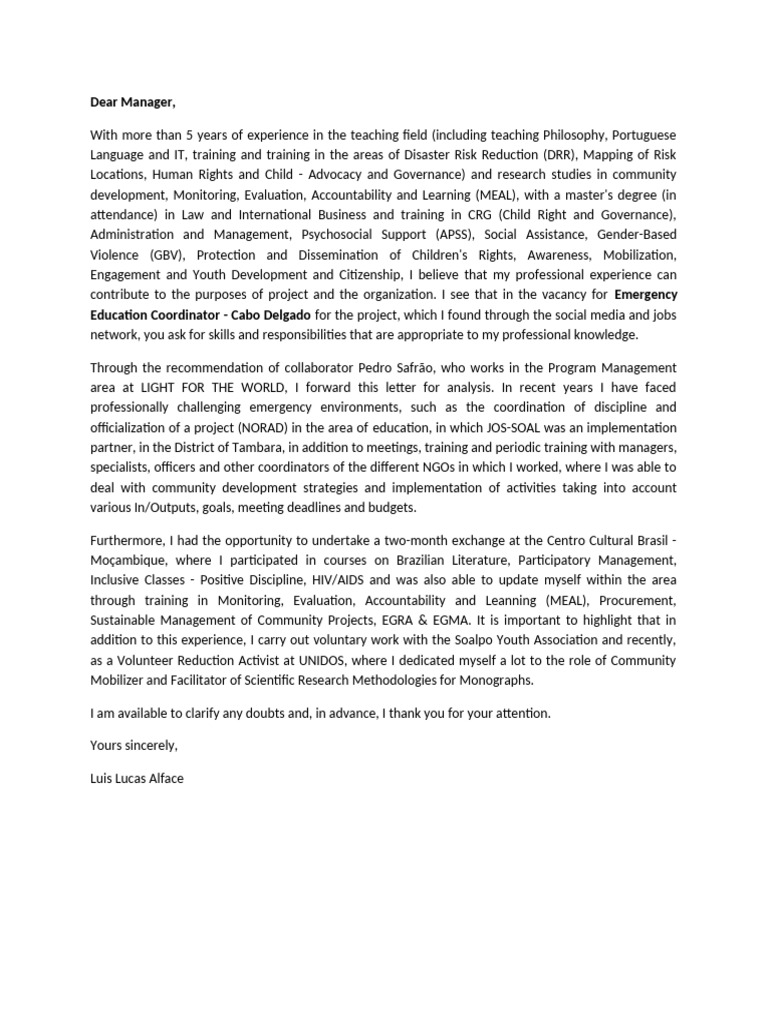 Cover Letter LLA | PDF