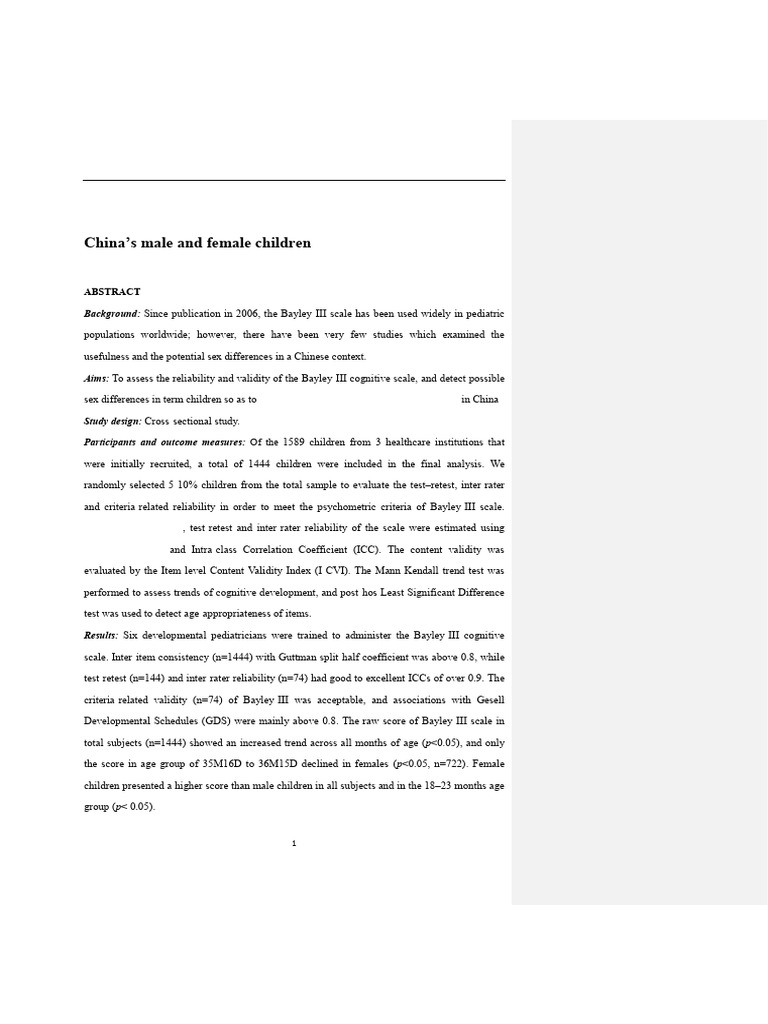 The Reliability and Validity of Bayley-III Cognitive Scale in China's ...