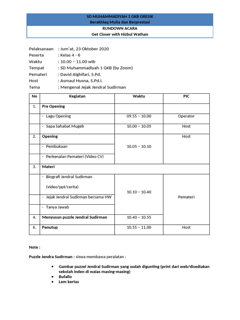 Rundown Acara HW 23 Oktober 2020 (Mengenal Jejak Jendral Sudirman) | PDF