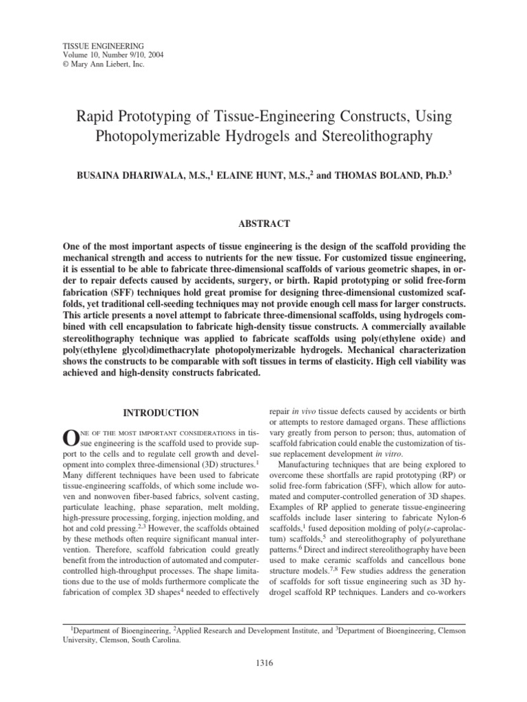 RP of Tissue Engineering Constructs, Using Photopolymerizable Hydrogels ...