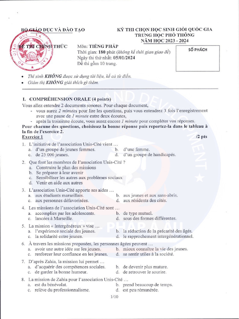 ĐỀ THI HSG QG TIẾNG PHÁP 2024 | PDF