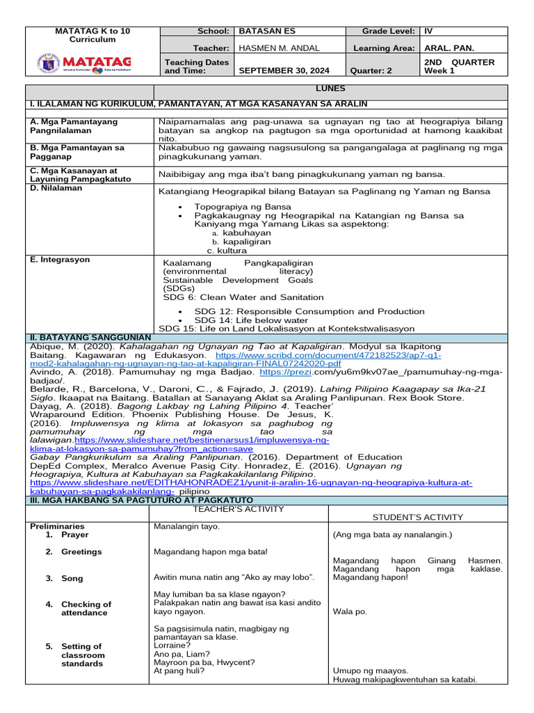 Aral Pan Grade 4 Matatag Detailed Lesson Plan | PDF