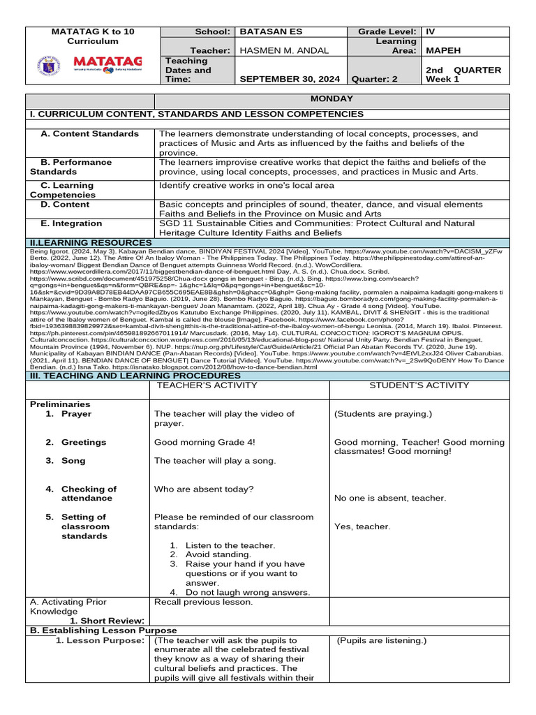 Mapeh Grade 4 Matatag Detailed Lesson Plan | PDF