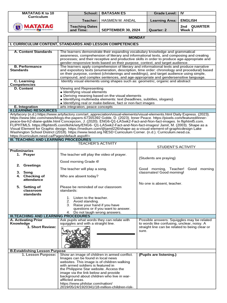 English Grade 4 Matatag Detailed Lesson Plan | PDF