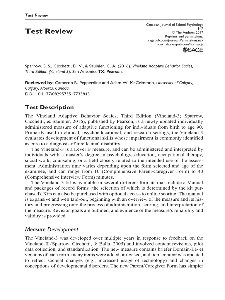 Test Review Vineland Adaptive Behavior Scales, Third Edition (Vineland ...