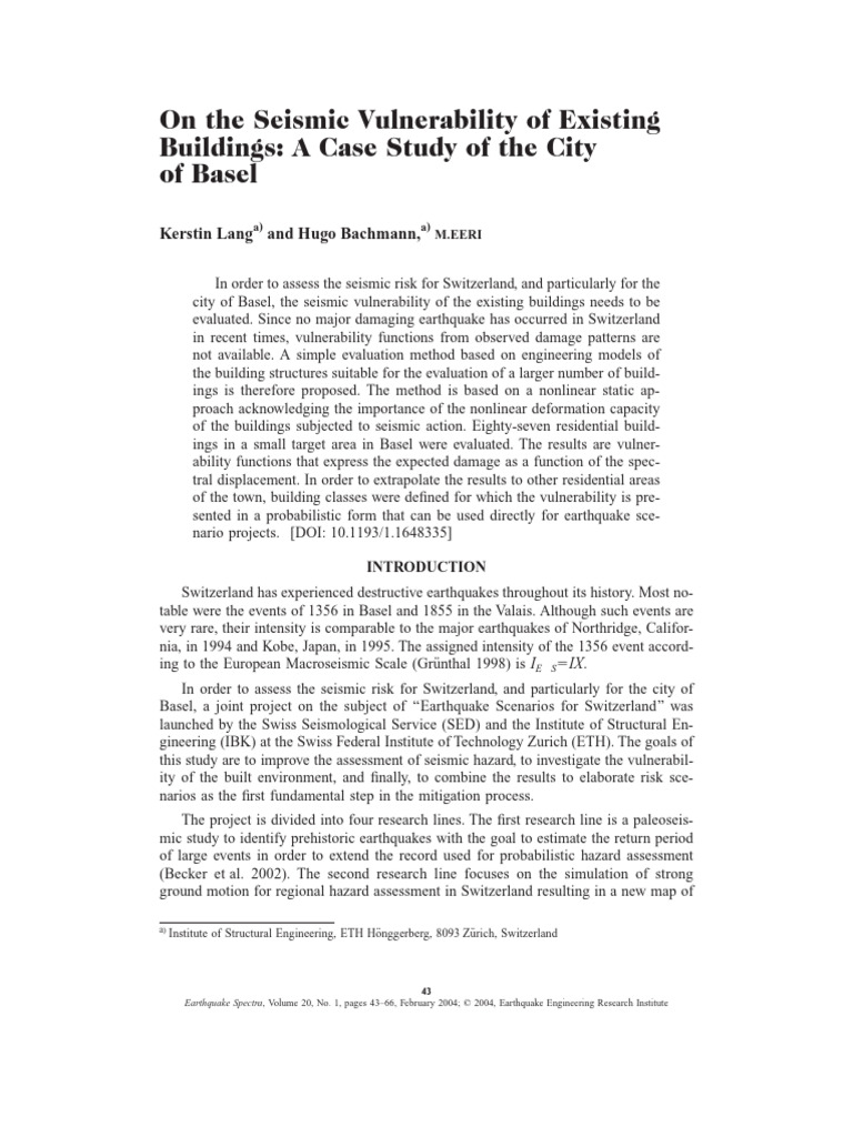 Seismic Vulnerability of Existing Buildings in Basel, Switzerland | PDF
