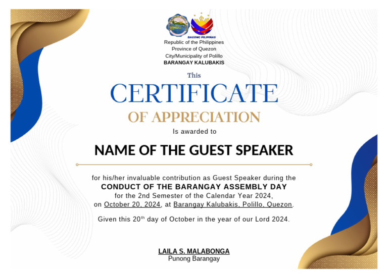 Kalubakis Certificate of Appreciation Barangay Assembly | PDF