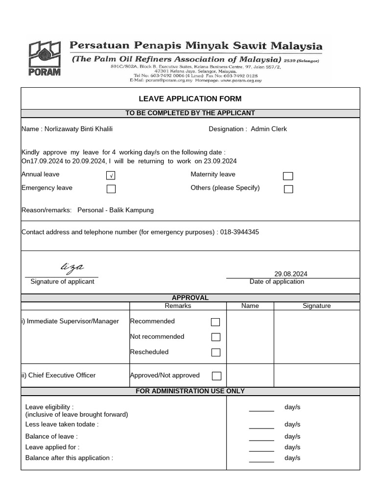 Leave Form 13.9.2024 | PDF